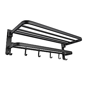 Yescom Foldable Towel Rack with Towel Hooks and Adjustable Towel Bar for Bathroom Wall Mounted 24 Inch 304 Stainless Steel Shelf Matt Black