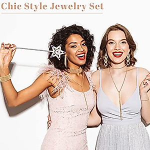 MTLEE 6 Pieces Women Rhinestone Jewelry Set Layered Choker Necklaces Long Tassel Necklaces Crystal Bracelet Cuff Bangles Diamond Tassel Dangle Earrings (Gold)