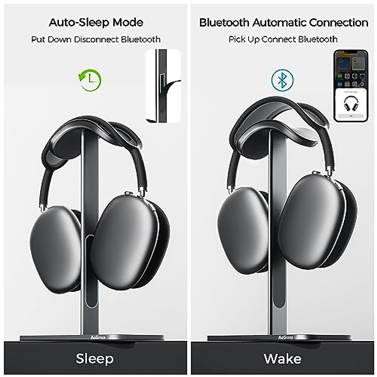 MaGrnce Headphone Stand for Airpods Max with Sleep Mode Aluminum Headphone Holder with Anti-Slip Base & Protective Leather Pad for Home/Game Room/Shop Headphone Storage/Display (Dark Grey)