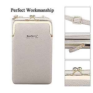 Small Crossbody Phone Bag Lightweight PU Leather Phone Purse for Women with Long Shoulder Strap Card Holder Kiss-Lock (Gray)