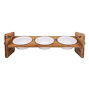HATELI Elevated Adjustable Raised Dog Cat Ceramic Bowls, Small Dog 15° Tilted Raised Food Feeding Dishes, Solid Bamboo Water Stand Feeder Set for Cats and Puppy(3 Bowl)