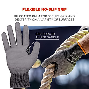 Ergodyne ProFlex 7071 Cut Resistant Work Gloves, ANSI A7, PU Coated Palms for Flexible No Slip Grip, Reinforced Thumb Saddle, 18g HPPE and Tungsten, Gray, Large