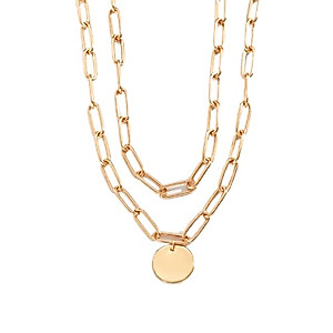 GORGLITTER Women's Round Pendant Layered Necklace Paperclip Chain Necklaces Gold One Size