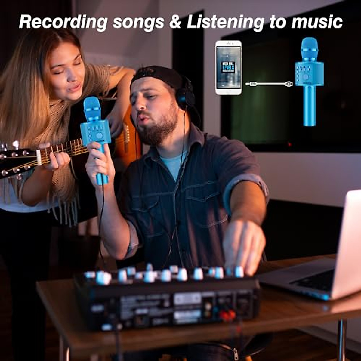 BONAOK Wireless Bluetooth Karaoke Microphone, 3-in-1 Portable Handheld Mic Speaker for All Smartphones,Gifts for Boys Kids Adults All Age Q37(Blue)