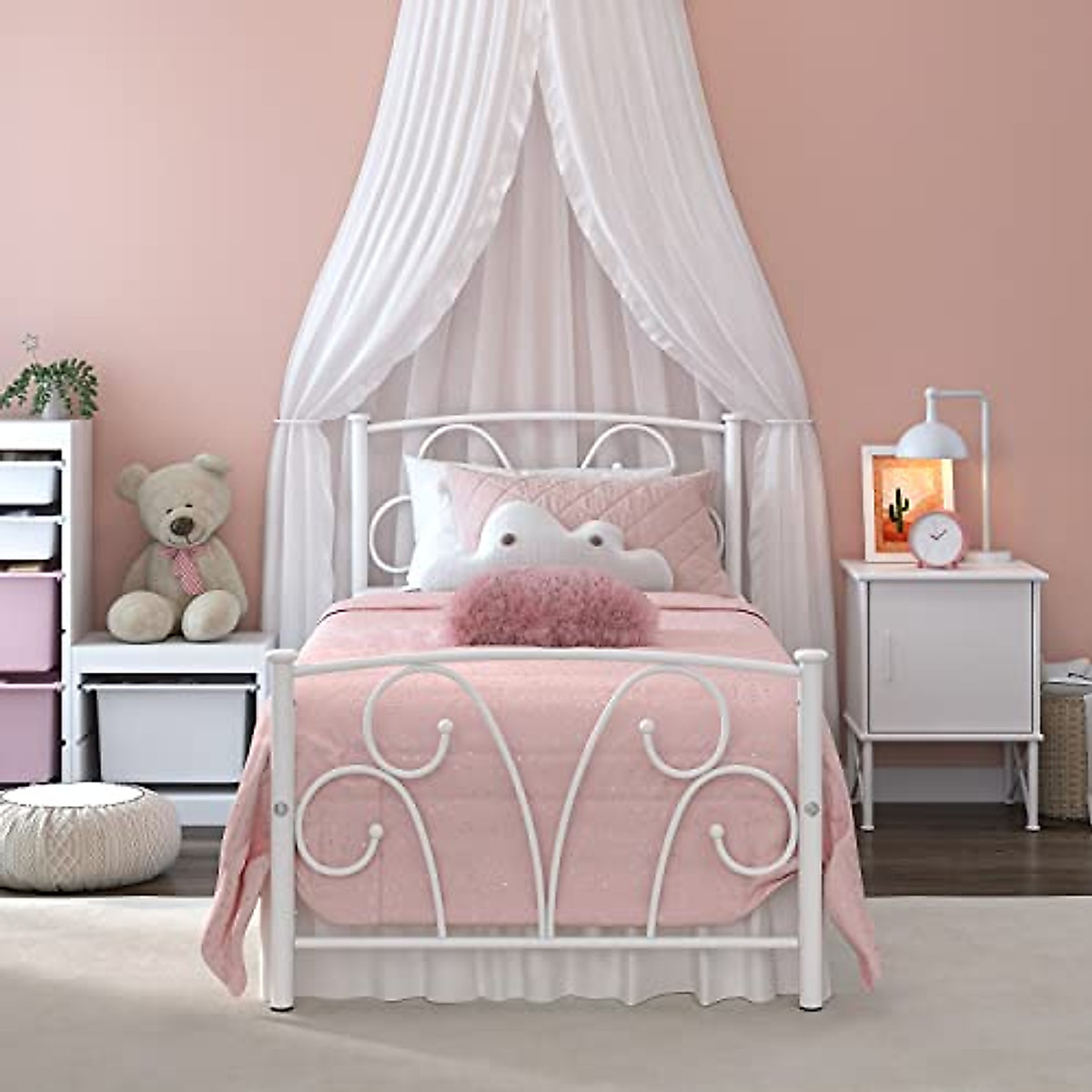 Elephance Twin Bed Frame with Headboard, Metal Platform Bed Frame with 12 Inch Storage Space No Box Spring Needed (White)