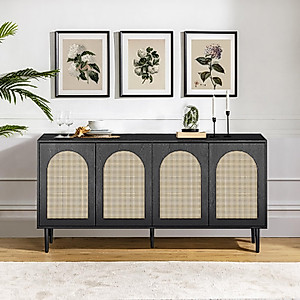 HULALA HOME 63" Wide Sideboard, Modern Sideboard Buffet Storage Cabinet with 4 Doors & 2 Adjustable Shelves, Kitchen Storage Buffet Cabinet Rattan Design, for Hallway, Entryway [Black]
