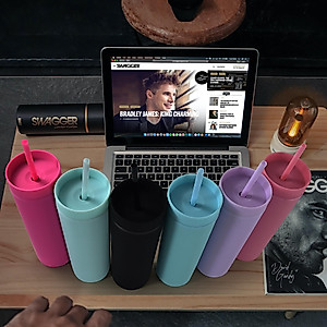 sweet grain Multicolor Skinny Tumblers with Lids and Straws(6 Pack) - 16oz Matte Pastel Colored Skinny Acrylic Tumblers, Double Wall Plastic Tall Skinny Tumblers Bulk for Cold Hot Drinks