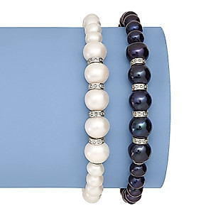 Ross-Simons 6-8.5mm Black Cultured Pearl and .25 ct. t.w. Diamond Stretch Bracelet With Sterling Silver. 7 inches