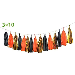 Autupy 30PCS Halloween Tassel Garland Banner Gold Black Orange Tassel Garland,Halloween Party Decor,Thanksgiving Mantel Decor,Tissue Paper Garland,Party Bunting(DIY)