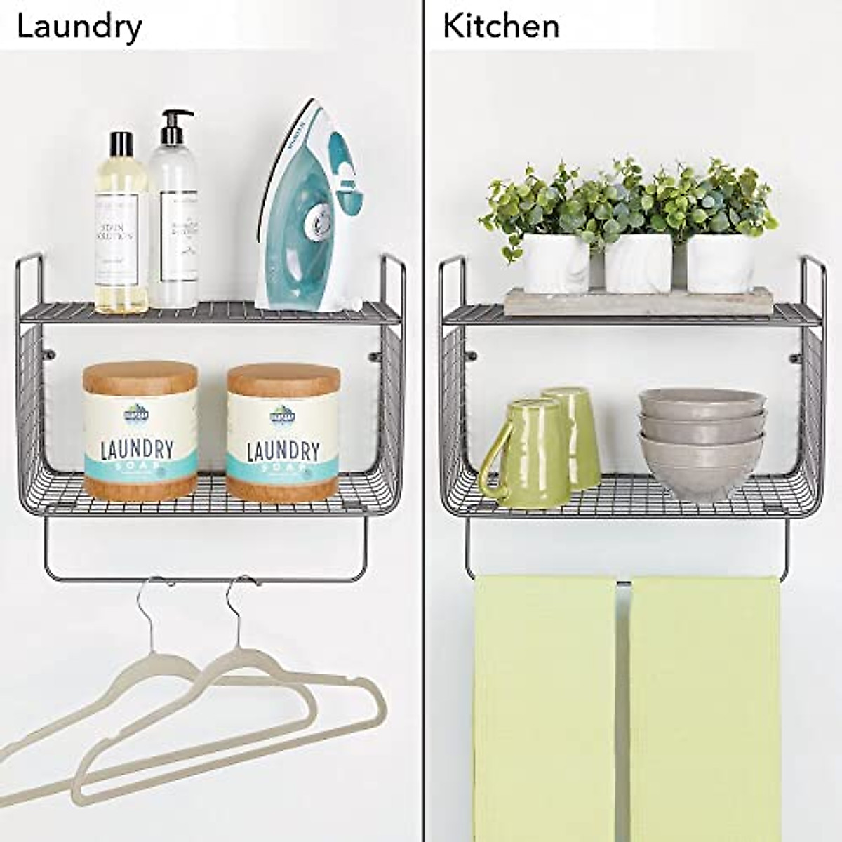 mDesign Steel Wall Mount Towel Rack Storage Organizer Shelf Holder with Towel Bar - for Bathroom, Laundry Room, Kitchen, Garage - Holds Hand Towels, Washcloth - Concerto Collection - Graphite Gray