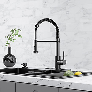BASDEHEN Kitchen Faucets with Pull Down Sprayer, Black Spring Commercial Kitchen Sink Faucet Solid Brass with 10 Inch Mounting Table 1 Hole Or 3 Hole Compatible
