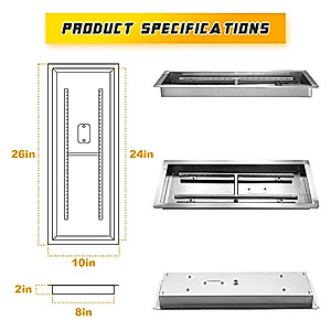 CLLVGOKD 24“ x 8" Rectangular Fire Pit Burner Stainless Steel Drop-in Fire Pit Pan with H Burner Propane/Natural Gas Fire Pit Kit DIY for Living Rooms, Backyards, Pools and Lounges