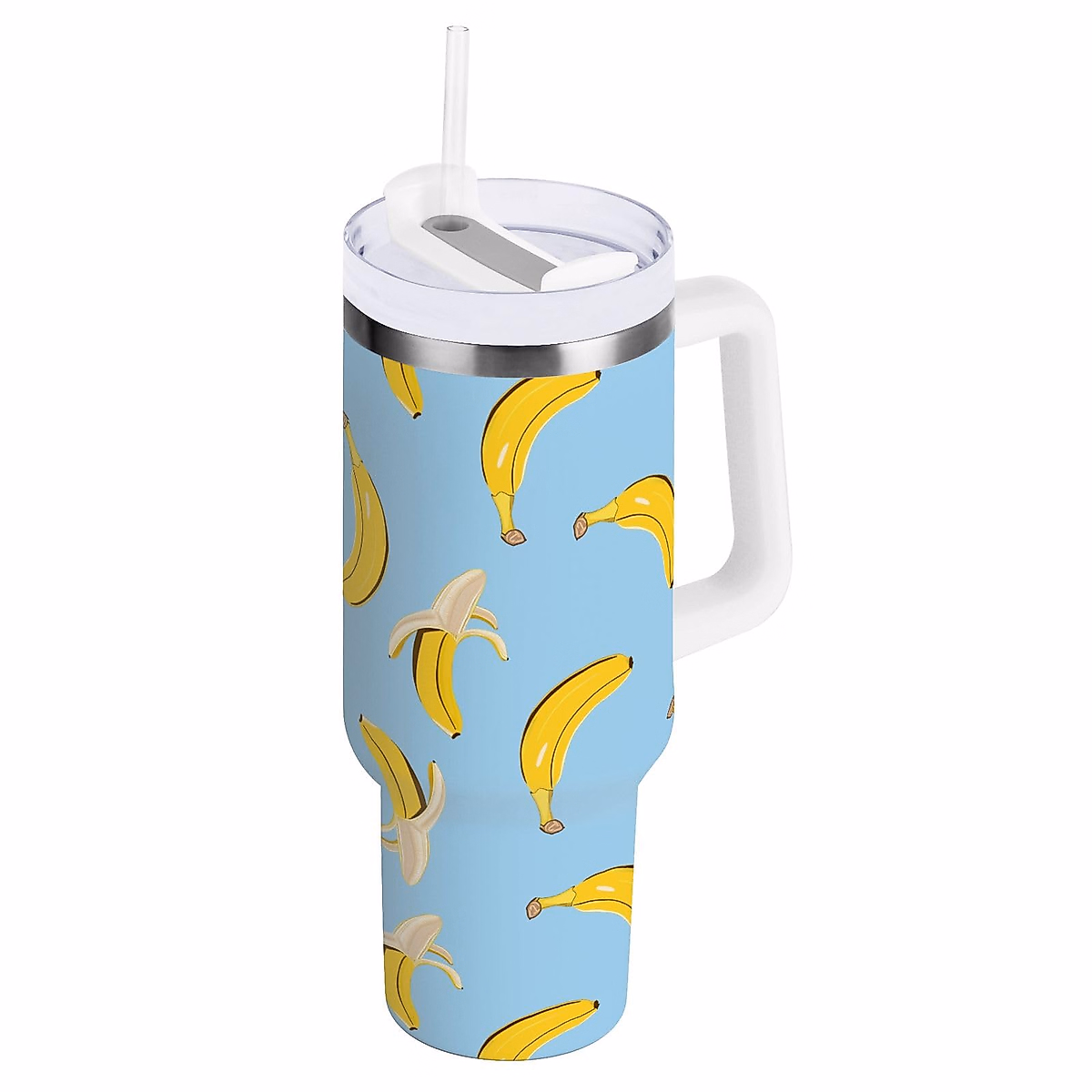 Light Blue Banana 40 oz Tumbler with Handle and Straw Insulated Reusable Leak-proof Travel Coffee Mug Cup with Lid Thermal Stainless Steel Water Bottle for Coffee Iced Tea
