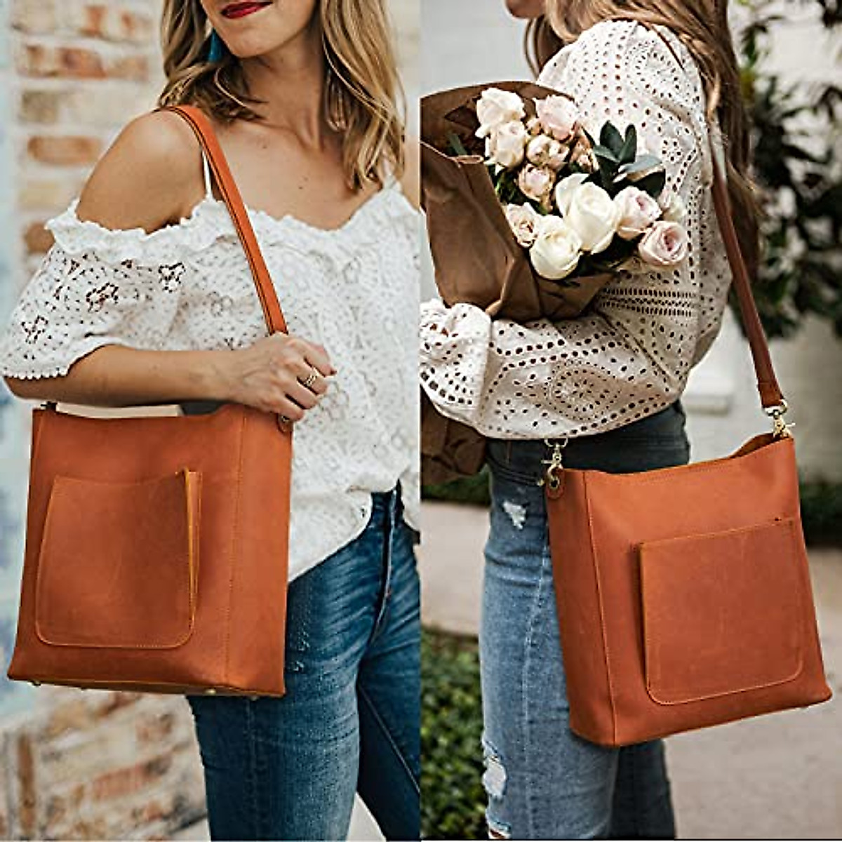 S-ZONE Women Vintage Genuine Leather Bucket Tote Bag Hobo Handbag Distressed Shoulder Purse