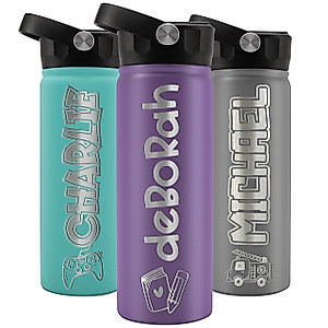 Lara Laser Works Personalized Kids Water Bottle for School w 25 ICON & Name - 18 Oz, 9 Color Options - Custom Water Bottle with Straw Lid for Children, Stainless Steel, Double-Wall Insulated