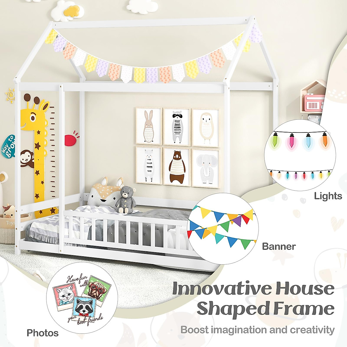 KOMFOTT Twin Size Floor House Bed, Wooden Montessori Bed with Roof & Full-Length Safety Guardrail, Floor Playhouse Bed Frame for Kids, Girls, Boys (White)