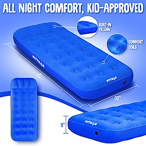 Pittman Outdoors Twin Kid's Air Mattress with Portable Battery Powered Air Pump with Fun Travel Backpack, Blue (PPI-BLU_KIDMAT)