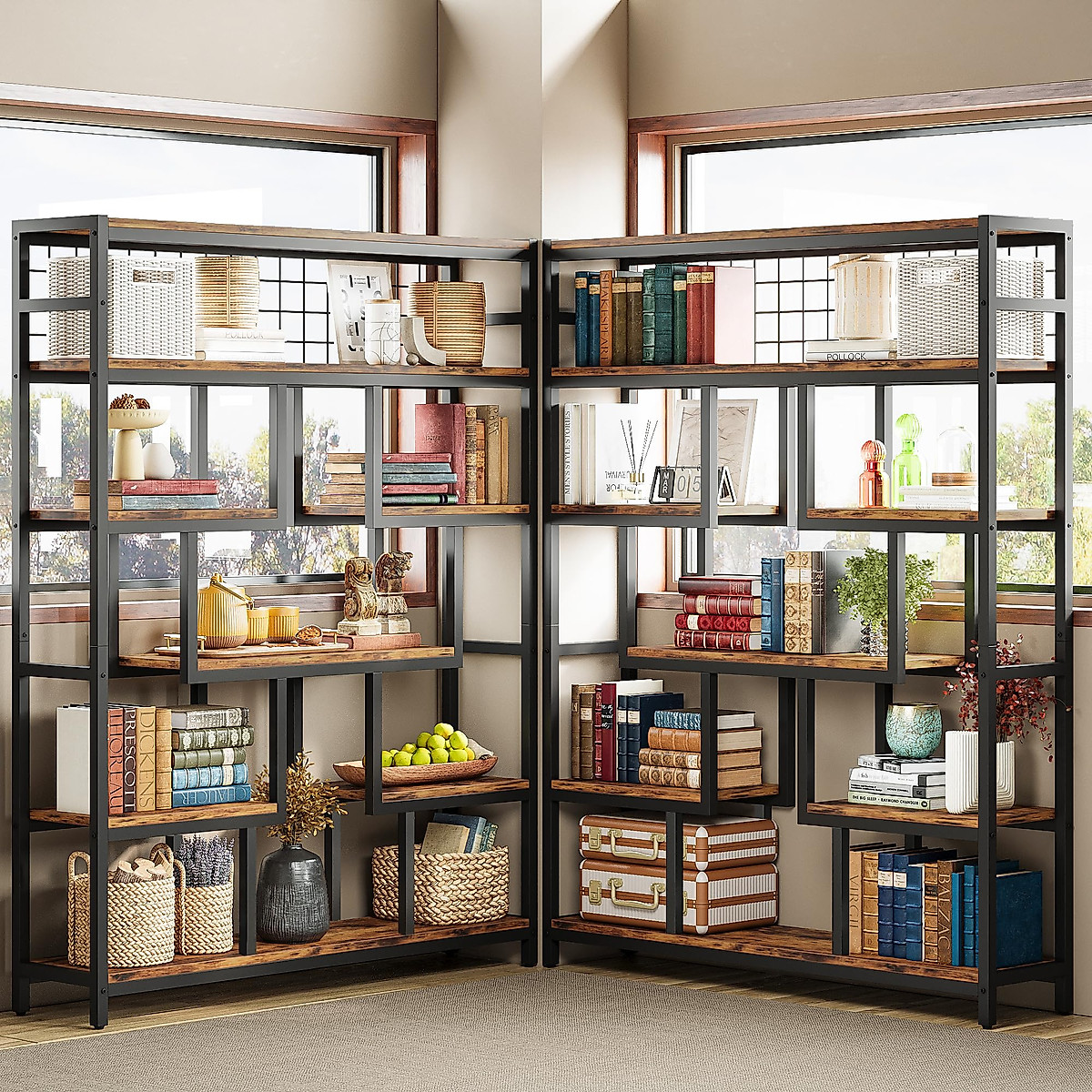IRONCK Bookshelf and Bookcase 6-Tier 55 in Large Etagere Bookcase, Industrial Open Display Shelves Geometric Bookcase with Sturdy Metal Frame, Vintage Brown