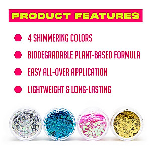 Biodegradable Glitter Makeup | Face Glitter, Hair Glitter, and Body Glitter | Plant Based Glitter Makeup for EDM Rave Music Festivals and Cosplay | Chunky Glitter Multicolor 4 Pack
