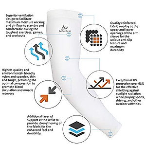 AetherGear Compression Arm Sleeve (2 pack) - Men and Women for Basketball, Volleyball, Tennis, Golf, Baseball, UV Protection (White)