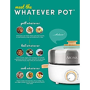 Aroma Housewares AMC-130 Whatever Pot, Indoor Grill, Cooking, Hot Pot with Glass Lid, Bamboo Handles, 2.5L, Stainless Steel/White