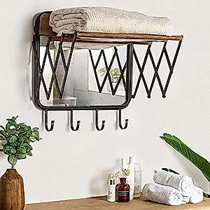 Wall Mirror Accordion Clothes Drying Rack, Laundry Wall Mount Retractable Towel Rack, 3 Bars, Mirror & 4 Hooks, Clothes Save Space Storage, Best for Laundry Room, Mudroom, Bathroom, Father's Day