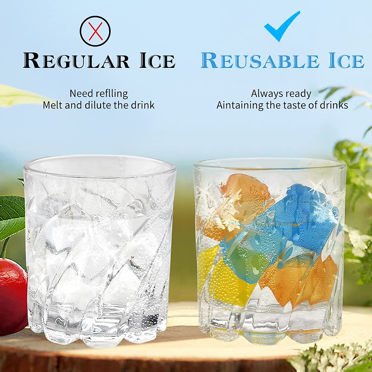 Reusable Ice Cube for Drinks, Square Plastic Ice Cubes 20 Pack, Refreezable Plastic Ice Cubes Without Diluting, Easy to Use Washable Non-Melting Fake Ice Cube for Coffee, Whiskey, Cocktails, Colorful
