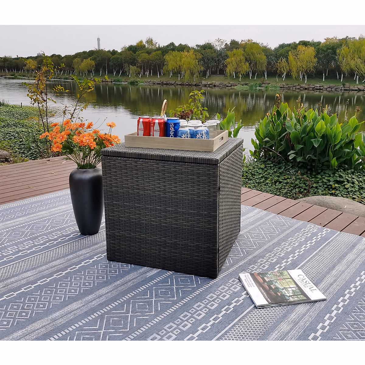 D&F Design Jackson Indoor & Outdoor PE Wicker Cube Side Table with Storage, Patio Resin Rattan End Table Square Container for Furniture Covers, Toys and Gardening Tools Grey