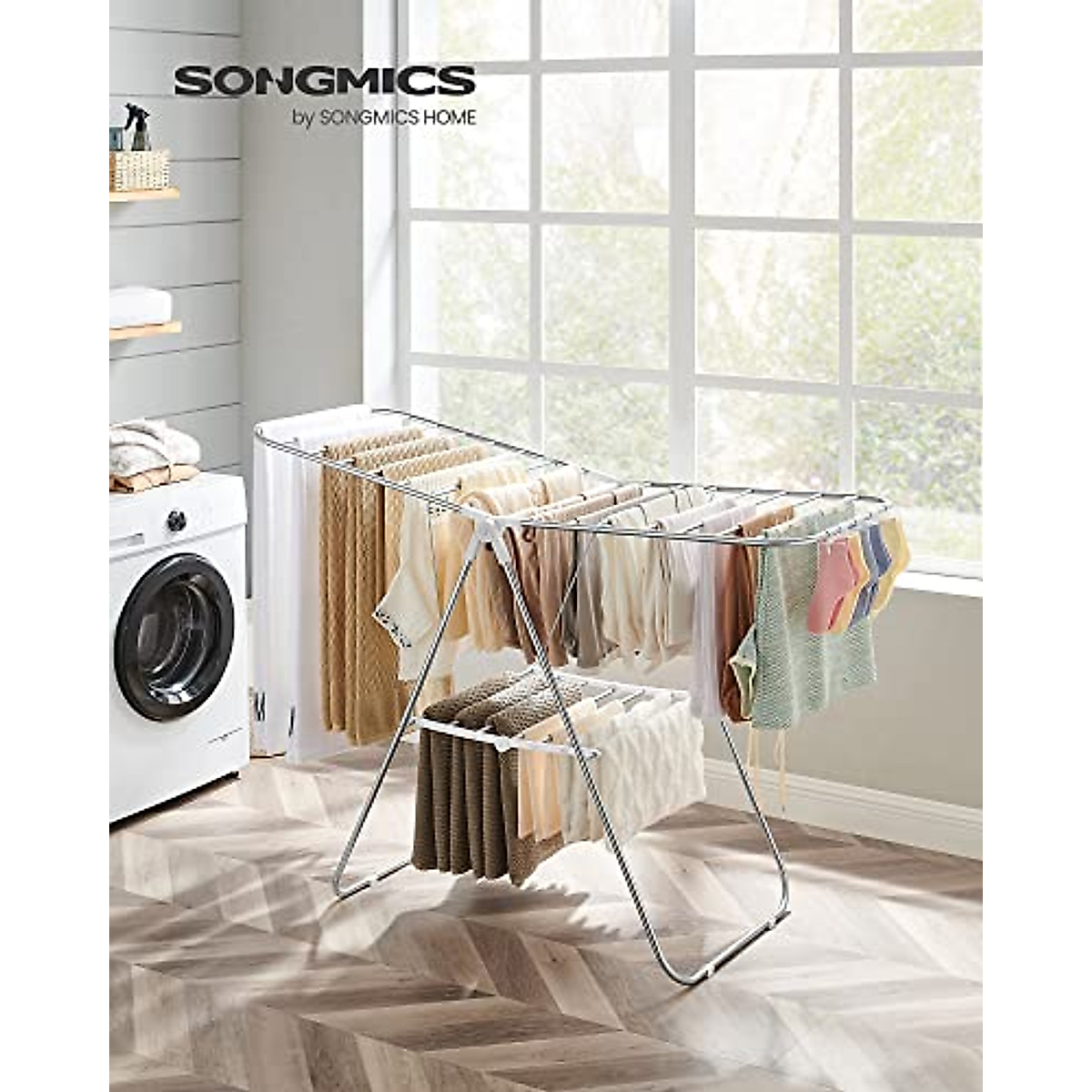 SONGMICS Clothes Drying Rack, with Sock Clips, Metal Laundry Rack, Foldable, Space-Saving, Free-Standing Airer, with Height-Adjustable Gullwings, Indoor Outdoor Use, Silver and White ULLR052W01