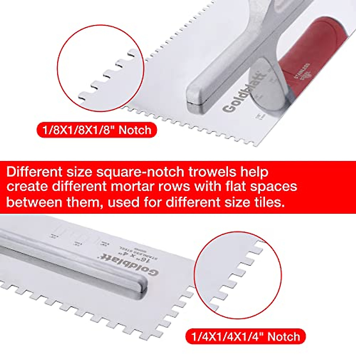 Goldblatt 2-Piece Notch Trowel Set, 1/8"X1/8" Square & 1/4"X1/4" Square, Made of Premium Stainless Steel with Soft Grip Handle, Perfect for Masonry Tile Work