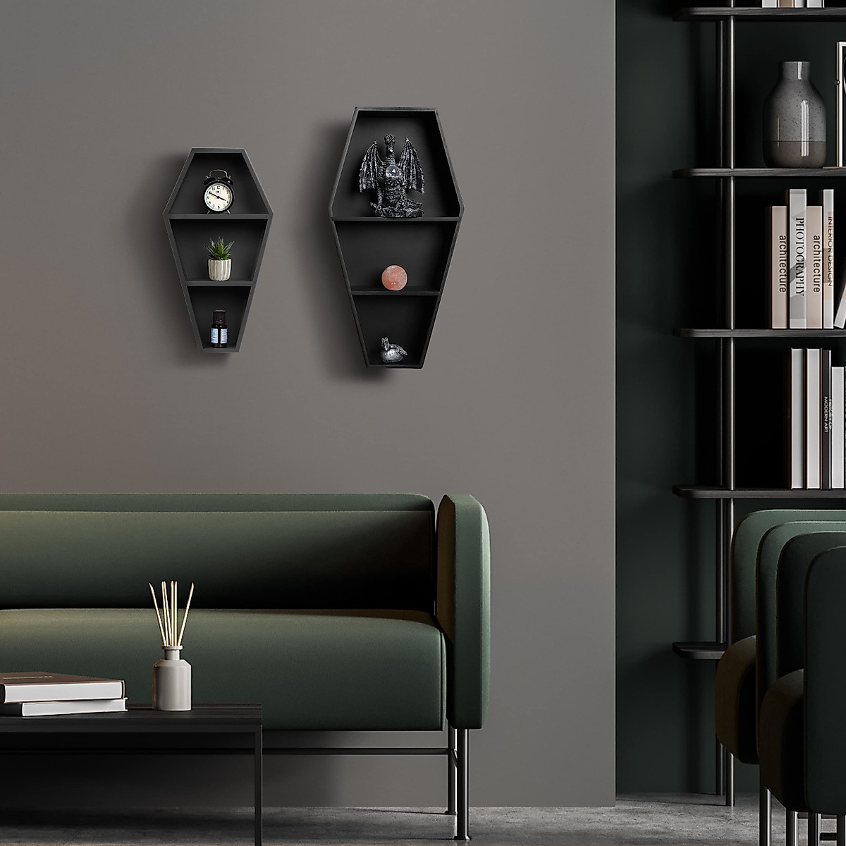 MANNY'S MYSTERIOUS ODDITIES Coffin Bookshelf - Includes Removable Shelves - Small and Large Coffin Shelf 20 Inch and 14 Inch - Gothic Decor for Home