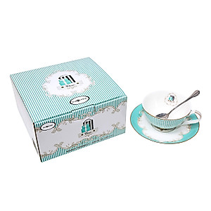 Jusalpha® Vintage Blue Bone China Teacup Coffee Cup Spoon and Saucer Set (FL-TCS01)