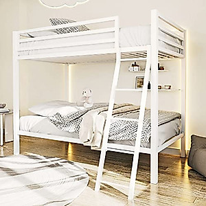 ikalido Metal Bunk Bed Twin Over Twin Size, Heavy Duty Twin Bunk Beds with Safety 14" Guard Rail & Sturdy Inclined Ladder, Space-Saving/No Box Spring Needed/Matte White