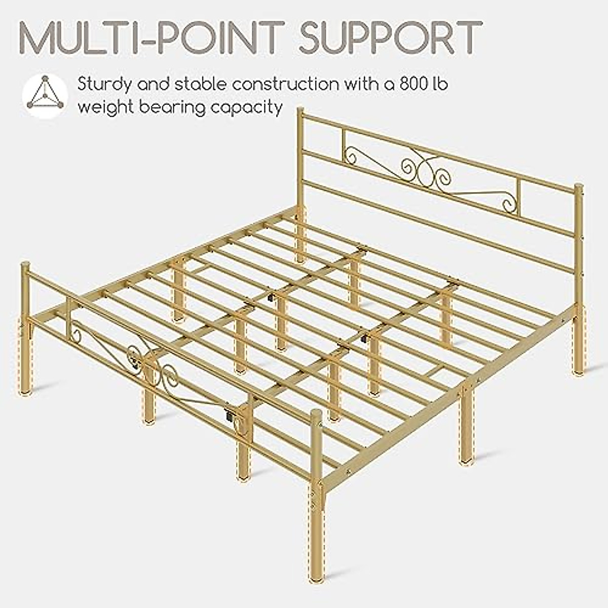 Yaheetech King Size Bed Frame Iron Mattress Foundation with Scroll Design Antique Gold Iron-Art Headboard and Footboard No Box Spring Needed Platform Bed for Beddrooms Guestrooms Dormitories