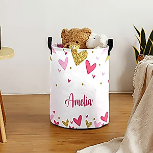 Valentines Hearts Pink Personalized Laundry Basket Clothes Hamper with Handles Waterproof ,Collapsible Laundry Storage Baskets for Bathroom,Bedroom Decorative 19.7"Hx14.2"D