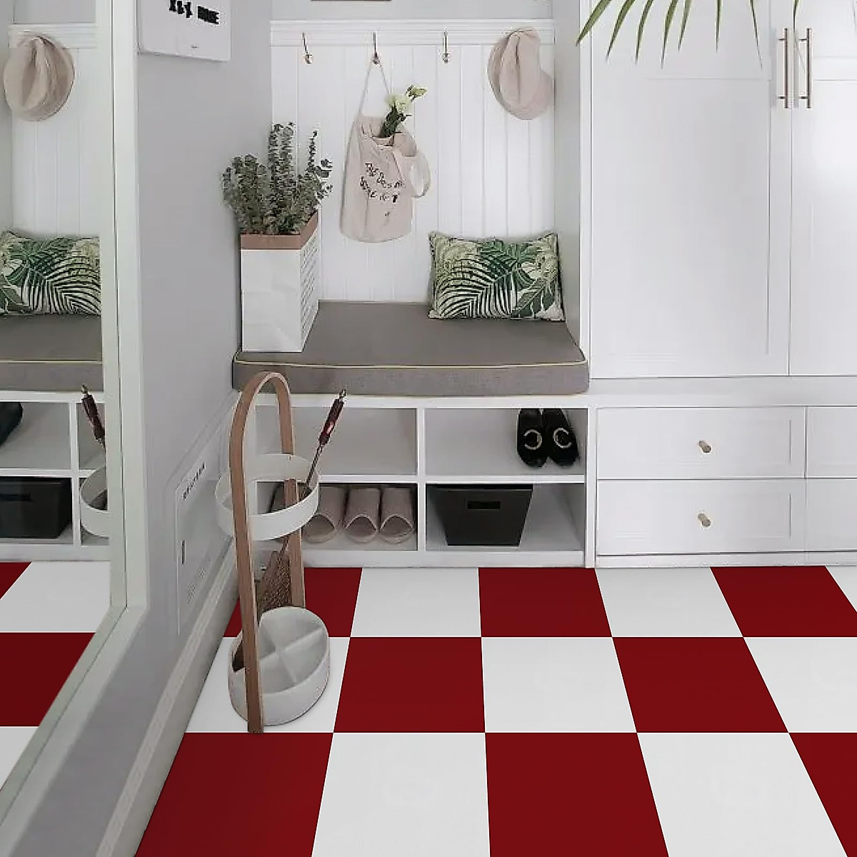 Alow Peel and Stick Floor Tile,Vinyl Flooring Red Checkered Floor Tile 12in×12in.DIY Flooring for Dining Room,Bathroom and Kitchen, (10 PCS, 5 Pieces Each in red and White)