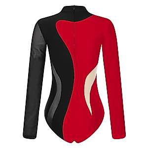 Aislor Women's Rhinestone Figure Skating Costume Sheer Mesh Long Sleeve Ballet Dance Gymnastics Leotard Black&Red Medium