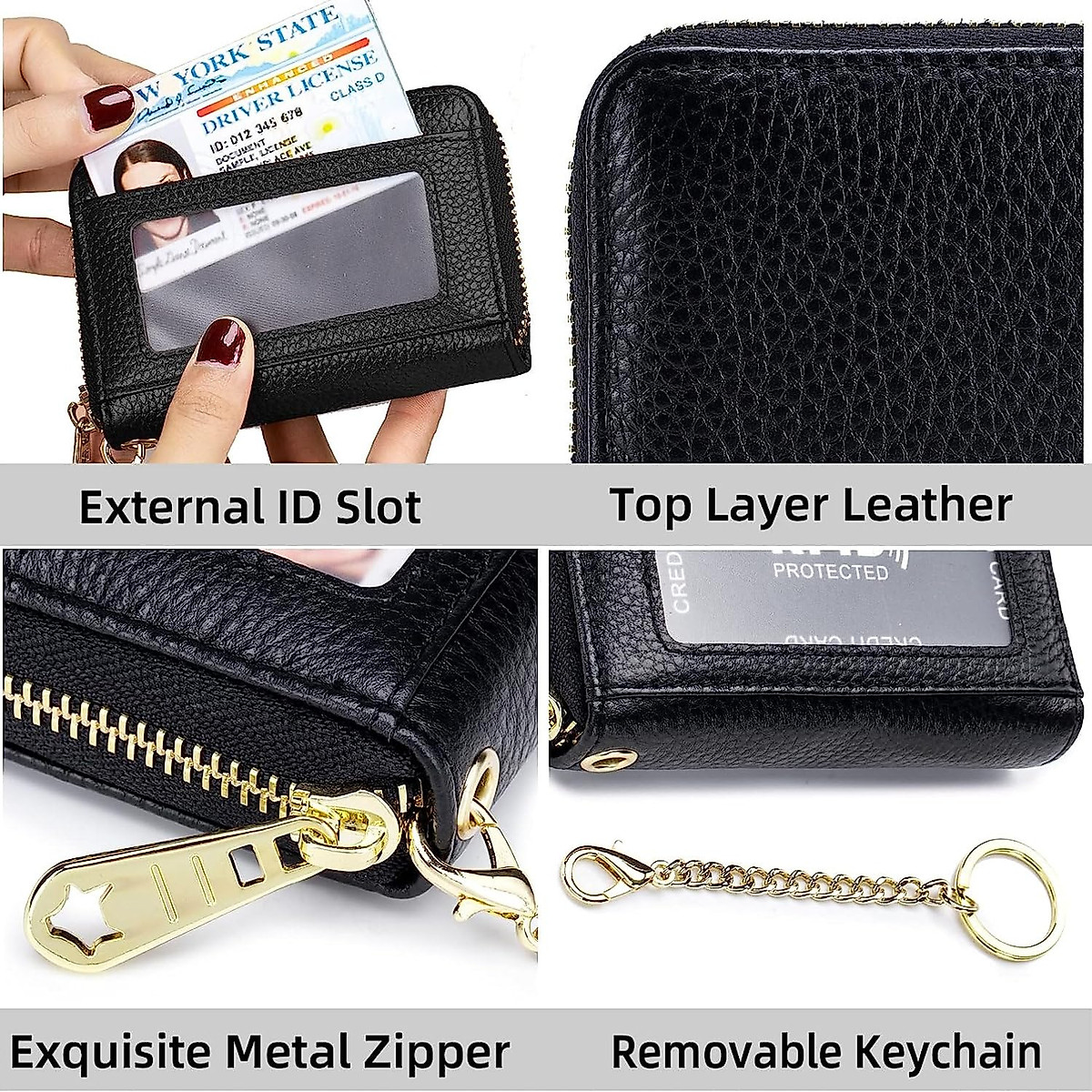 Tapp Collections RFID Credit Card Holder, Small Leather Zipper Card Case Wallet with ID Window & Detachable Keychain - Red