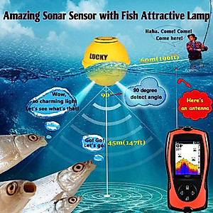 LUCKY Portable Fish Finder Transducer Sonar Sensor 147 Feet Water Depth Finder LCD Screen Echo Sounder Fishfinder with Fish Attractive Lamp for Ice Fishing Sea Fishing