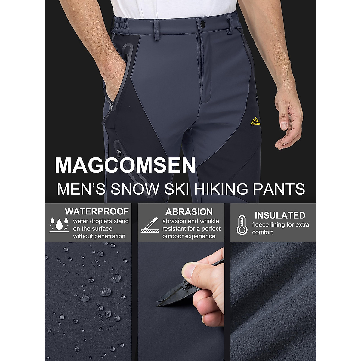 MAGCOMSEN Fleece Lined Pants Men Waterproof Pants Warm Pants Skiing Pants Snow Pants Hiking Pants Mens Winter Pants Ski Pants for Men Snowboard Pants Work Pants Dark Grey