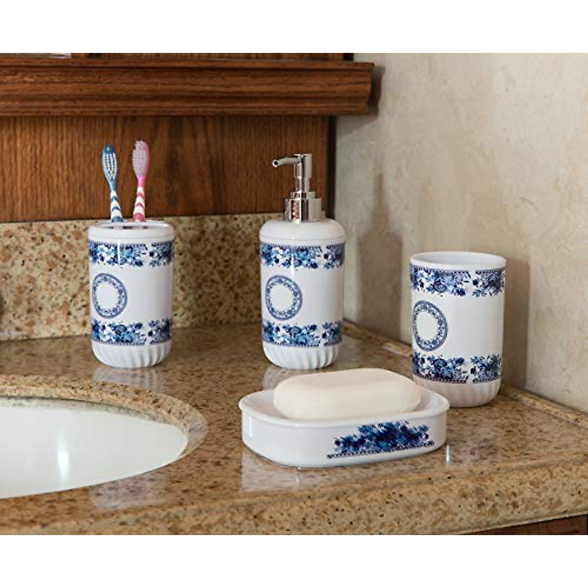 Basicwise 4 Piece Bathroom Accessory Set - Includes Soap Dispenser, Toothbrush Holder, Tumbler, and Soap Dish (White)