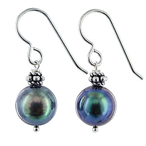 Black Pearl Silver Drop Earrings, Freshwater Cultured Pearls with Bali Style Silver Beads, Gifts for Birthday and Mother's Day