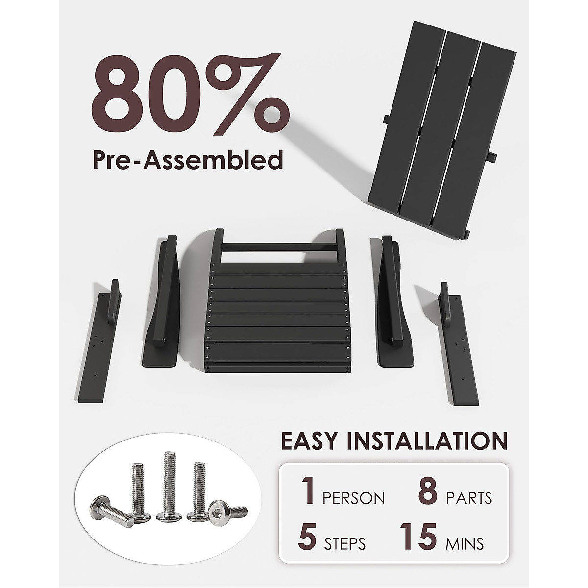 Poly Lumber Adirondack Chairs Set of 2, All-Weather Resistant Outdoor Patio Chairs, Look Like Wood, Pre-Assembled Outdoor Fire Pit Chair for Pool, Deck, Backyard, Garden, Black