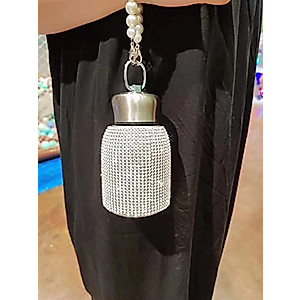 Bling Stainless Steel Diamond Water Bottle Crystal Rhinestone Cute Vaccume Insulated Thermal Flask with Chain and Pearl Bracelet (300ml/10.2oz)
