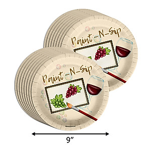 Birthday Galore Paint and Sip Party Supplies - 64 Piece Disposable Tableware Set For Bridal Shower - Wine Paper Plates Napkins Cups - Kit for 16