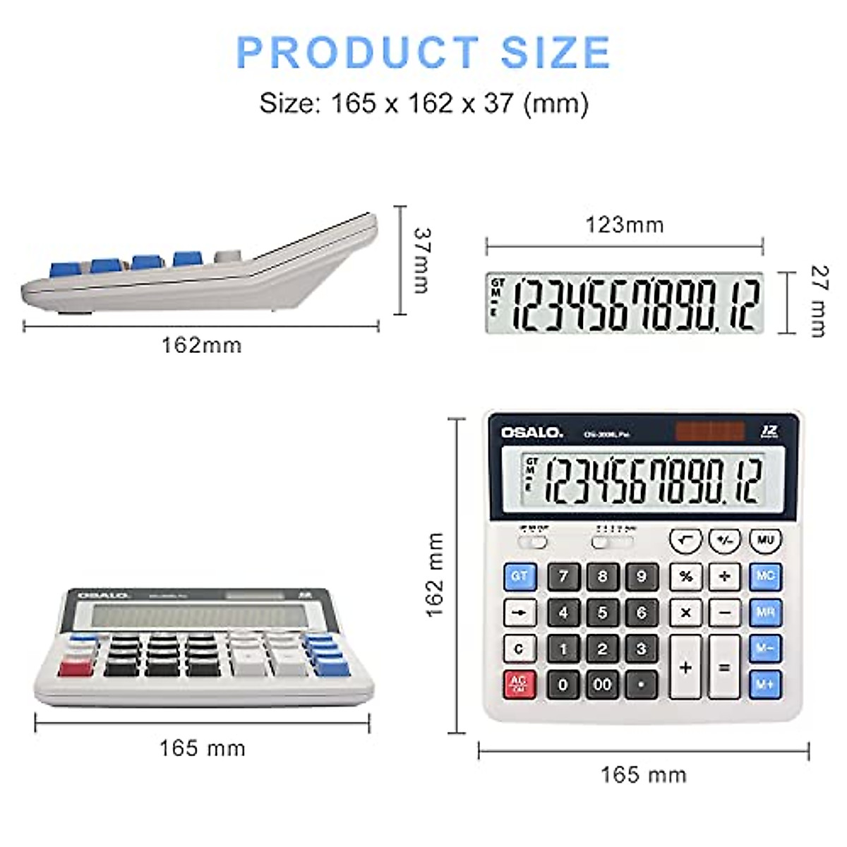 Calculator Extra Large Display Solar Big Buttons 12 Digits Desktop Calculator with Round-up, Memory Function (OS-200ML)