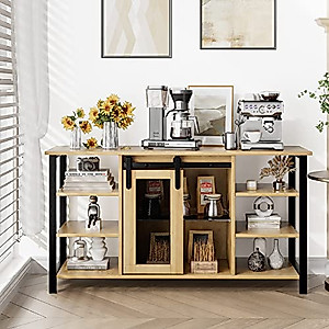 Senfot Wine Bar Cabinet, Farmhouse Wood Coffee Bar Cabinet with Wine Rack for Liquor and Glasses, Industrial Sideboard Buffet Cabinet for Kitchen (55 Inch, NAT-Brown)