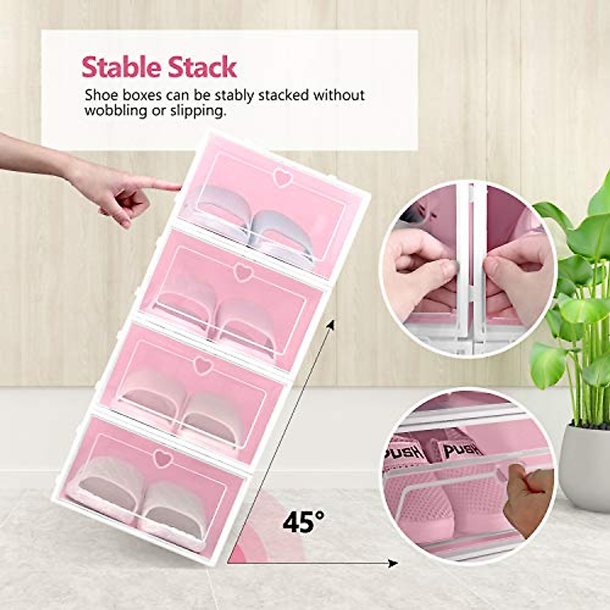 12 Pack Stackable Shoe Boxes Plastic Storage Bins, Sneaker Container with Clear Lids, Closet Organizer by Hommtina (Pink)