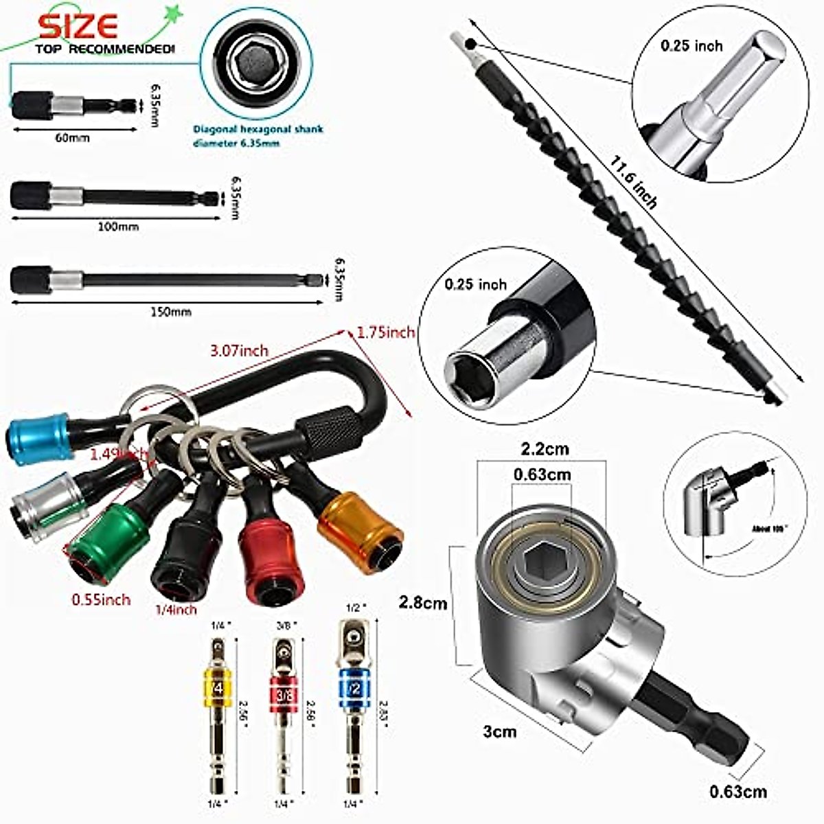 31Pcs Flexible Drill Bit Extension Set,105°Right Angle Drill Attachmen,Rotatable Joint Socket 1/4 3/8 1/2 Inch Hex Socket Adapter,Socket Bendable Drill Bit Extension,6pcs Screwdriver Bits Holder