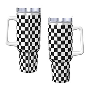 deaokluy 40 OZ Checkered Pattern Ice Bully Cup with Handle Straw Lid, Double Wall Stainless Steel Tumbler Travel Coffee Cup, Black White Insulation and Cooling Cup for Christmas Birthday Present